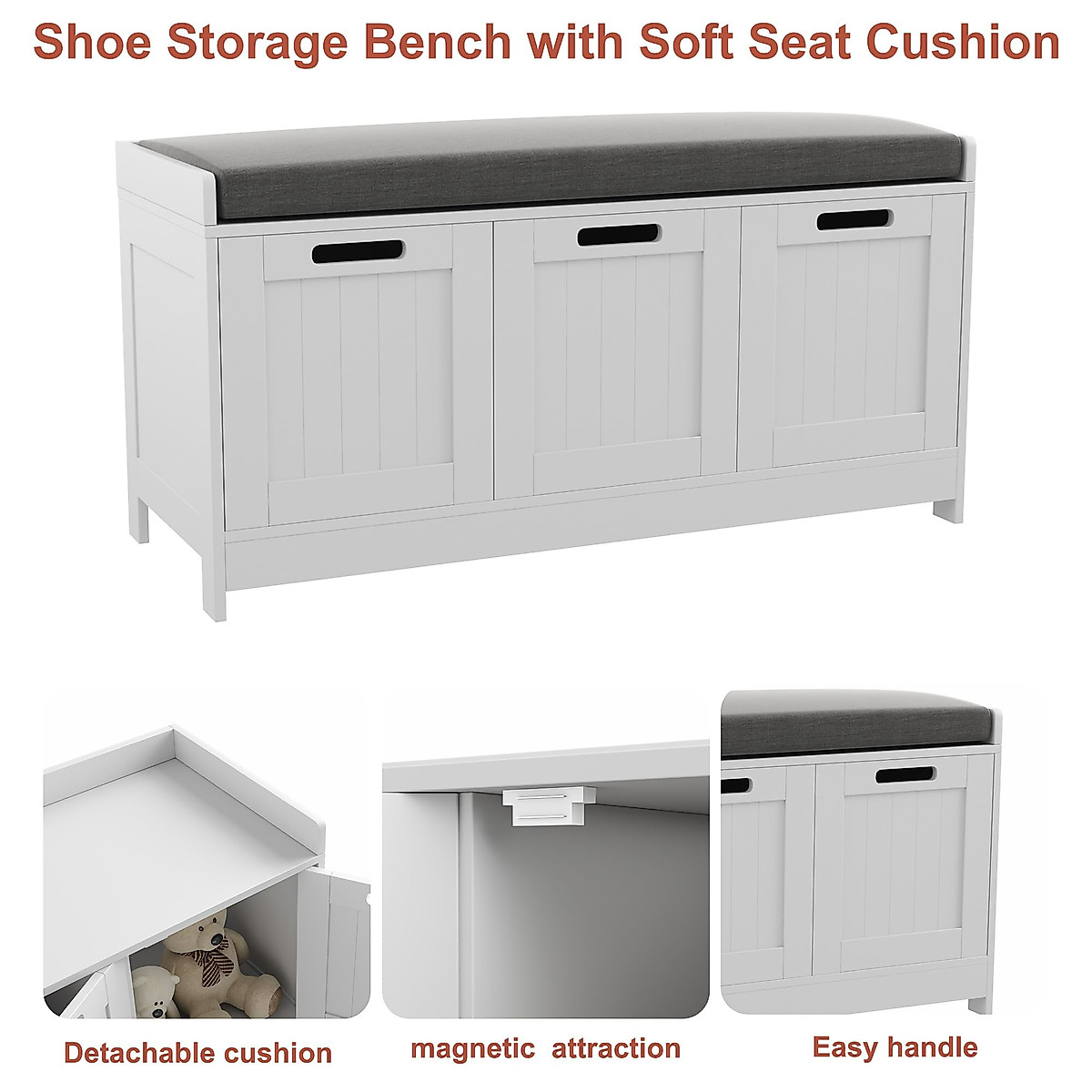 HOMEFORT Shoe Storage Bench, Wooden Shoe Bench with 3-Door Cabinets, Entry Way Home Organizer Bench, Entryway Bench with Padded Cushion Seat, White Storage Bench for Bedroom