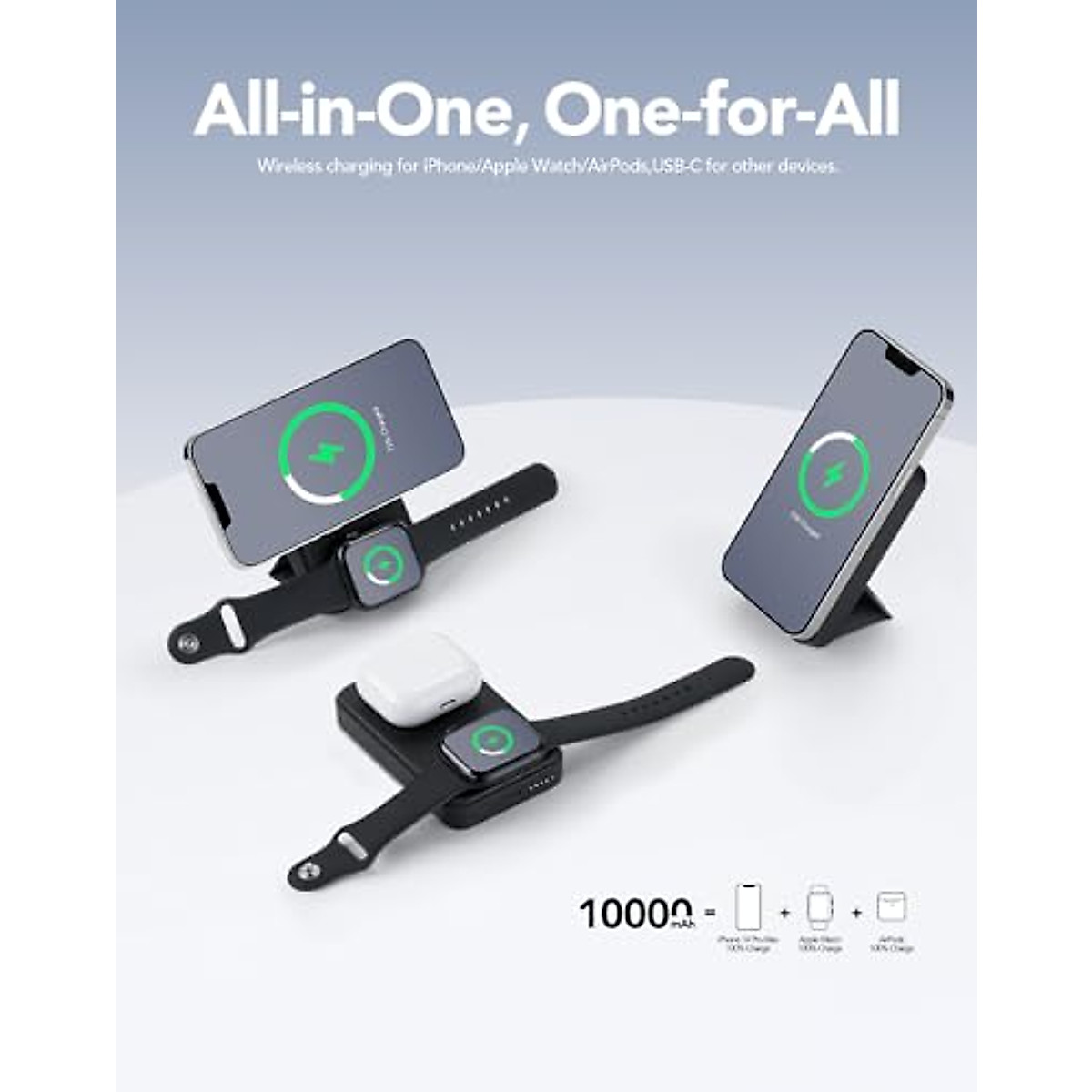 GOWATT All-in-one 10000mAh MagSafe Compatible Battery Pack, Fast Charging, Portable Power Bank with Foldable Stand, Magnetic Power Bank, Compatible with iPhone 15/14/13/12, Apple Watch and AirPods