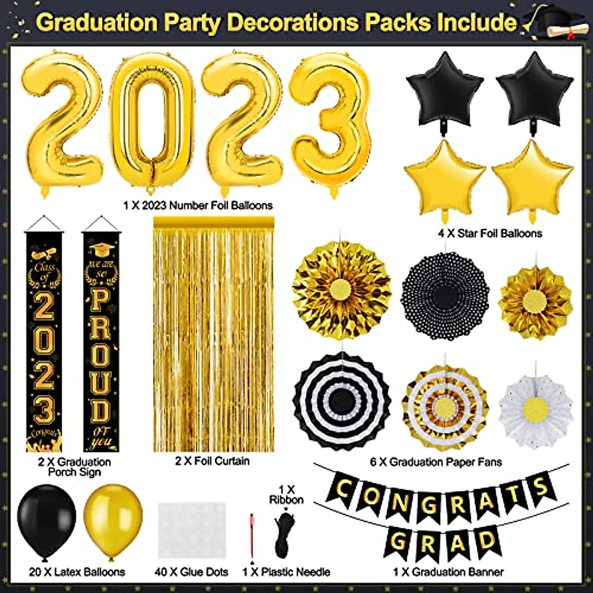 2023 Graduation Party Decorations, Black & Gold Graduation Decor Kits Include Banners and Balloons, Ideal Congrats Grad Decorations For High School, College