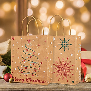 24 Christmas Kraft Gift bags 7.25 x 9 x 3.5 with 24 Tissue Papers for Xmas Exchange, Party Favors Paper Goodie Bags