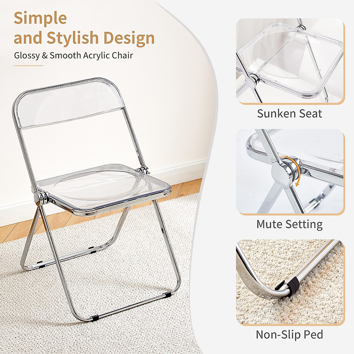 KAIHAOWIN Luxury Modern Transparent Folding Chair Acrylic Folding Chairs-Acrylic Ghost Stackable Crystal Seat-PC Plastic Living Room Seat-Chrome Frame Accent Side Chair (Clearing)