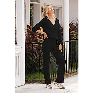 Fixmatti Women 2 Piece Outfit Set Long Sleeve Knit Pullover V Neck Sweater Top and Wide Leg Pant Sweatsuit Black XL