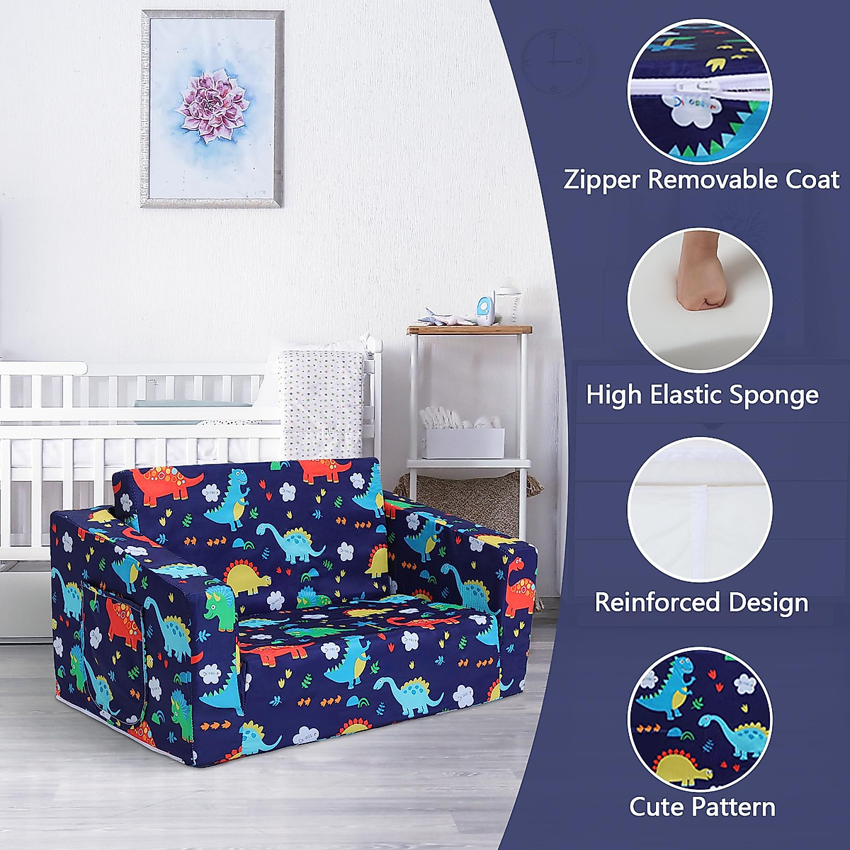 decalsweet Kids Couch Convertible Sofa to Lounger for Toddler Boy, Foldable 2-in-1 Kids Sofa Bed, Toddler Chairs Comfy for Bedroom Playroom, Blue Dinosaur