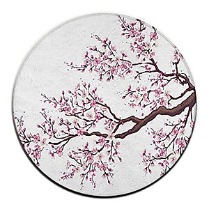 Round Area Rugs 3ft Diameter Throw Rugs Non-Slip Floor Carpet for Bedroom Living Room Nursery Decor (Branch of A Flourishing Tree Flowers Cherry Blossoms Spring Theme Art White)