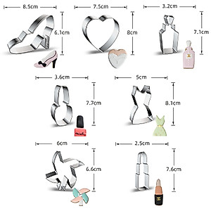 Makeup Dress Up Cookie Cutters Shapes Set of 7 - High Heel, Heart, Perfume, Nail Polish, Dresses, Windmill, Lipstick Shaped Women Girl Ladies Princess Fashion Cookie Cutter for Birthday Valentine Day