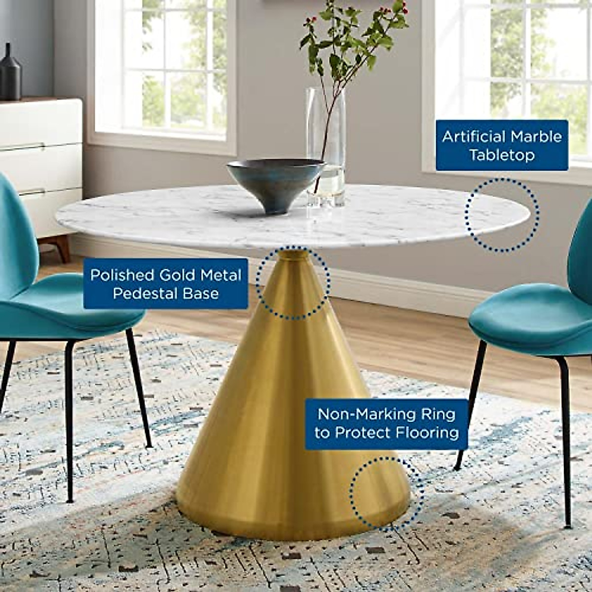 Modway Tupelo Round Artificial Marble Dining Table, 48 in, Gold White