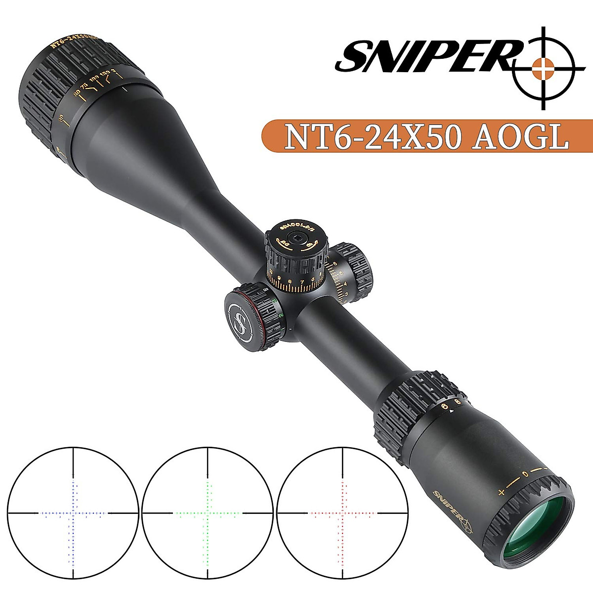 NT Series 4-16X50 / 6-24X50 AO Hunting Rifle Scope, Red/Green/Blue llluminate Glass Etched Reticle, Fully Multi-Coated Lens, Adjustable Objective SFP Riflescopes (6-24x50)