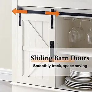 OKD Farmhouse Coffee Bar, 32 Inch Buffet Sideboard with Sliding Barn Door, Drawer, Adjustable Storage Shelves, Wood Accent Floor Cupboard Cabinet for Kitchen, Dining Room, Living Room, Antique White