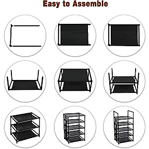 Shoe Rack Storage Organizer 5 Tiers Free Standing Metal Shoe Shelf with Side 3 Shoes Pockets, 10-17 Pairs Vertical Space Saving Stackable Tall Shoe Rack for Entryway, Hallway, Closet and Living Room