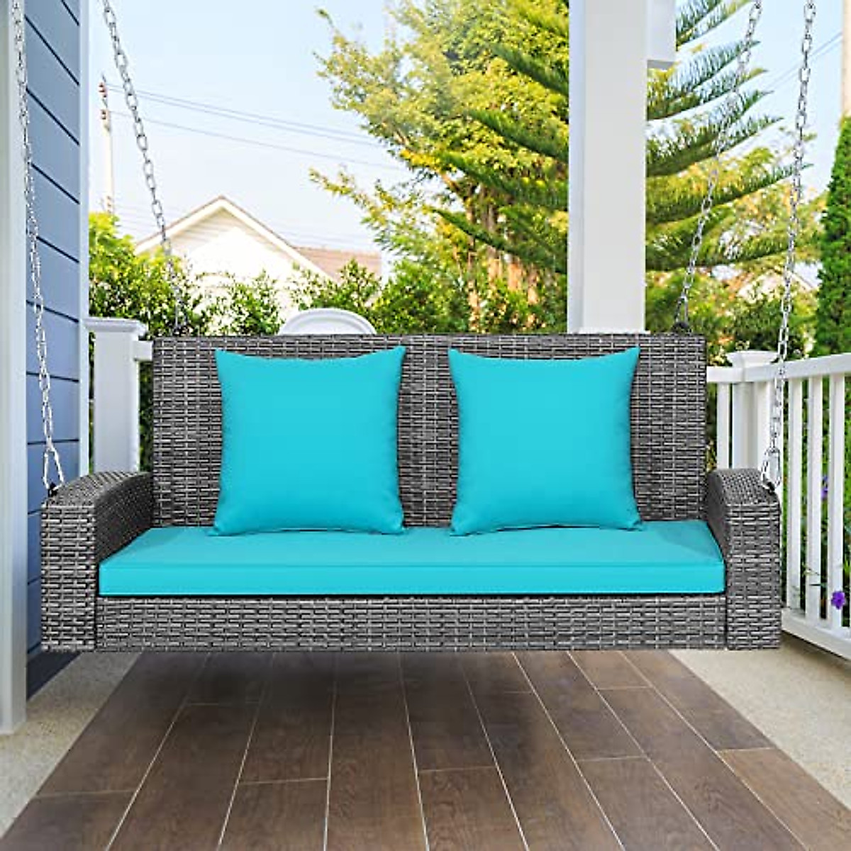 RELAX4LIFE 2-Person Porch Swing Bench - PE Rattan Outdoor Swing Chair with Comfortable Seat & Back Cushions, Rustproof Metal Chains, Patio Loveseat Swing for Balcony, Garden, Yard, 800 LBS (Turquoise)