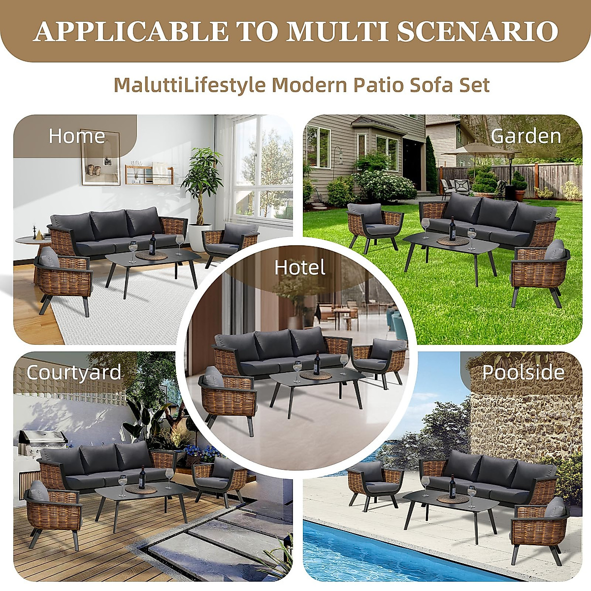 MaluttiLifestyle 5 Piece Patio Outdoor/Indoor Furniture Set, Outdoor Sectional Sofa with Weather-Resistant Cushions and Aluminum Coffee Table, All-Weather Textilene Conversation Set, Black