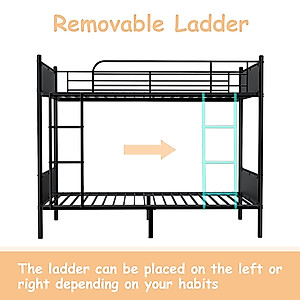 Whalefall Metal Bunk Bed Twin Over Twin, Convertible Into 2 Individual Twin Bunk Beds for Kids Adults, Twin Size Bed with Removable Ladder & Upholstered Headboard, Space-Saving, Easy Assembly(Black)