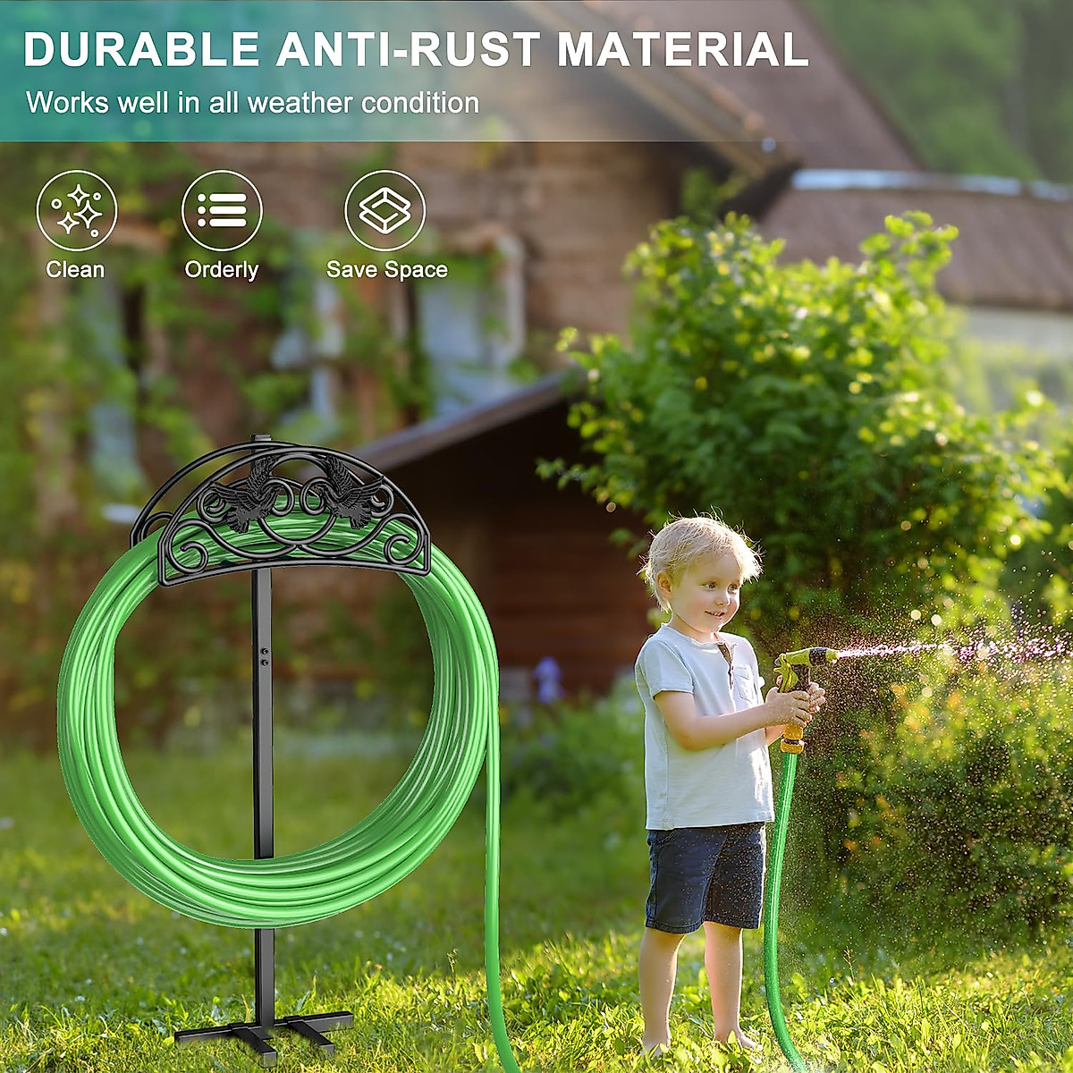 Keten Garden Hose Holder, 4-Prongs Base Freestanding Outdoor Hose Stand Holds 150-feet Hose, Heavy Duty Water Hose Holder Rack and Storage Organizer for Lawn/Yard/Garden (Bird-Style-1)