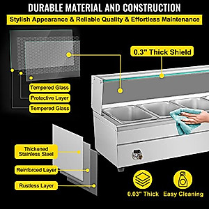 VEVOR Commercial Food Warmer, 5 x 1/2 Pans, 44 Qt Electric Bain Marie with 6" Deep Pans, Stainless Steel Steam Table with Tempered Glass Shield, 1500W Countertop Buffet Warmer with Lids & Ladles, 110V