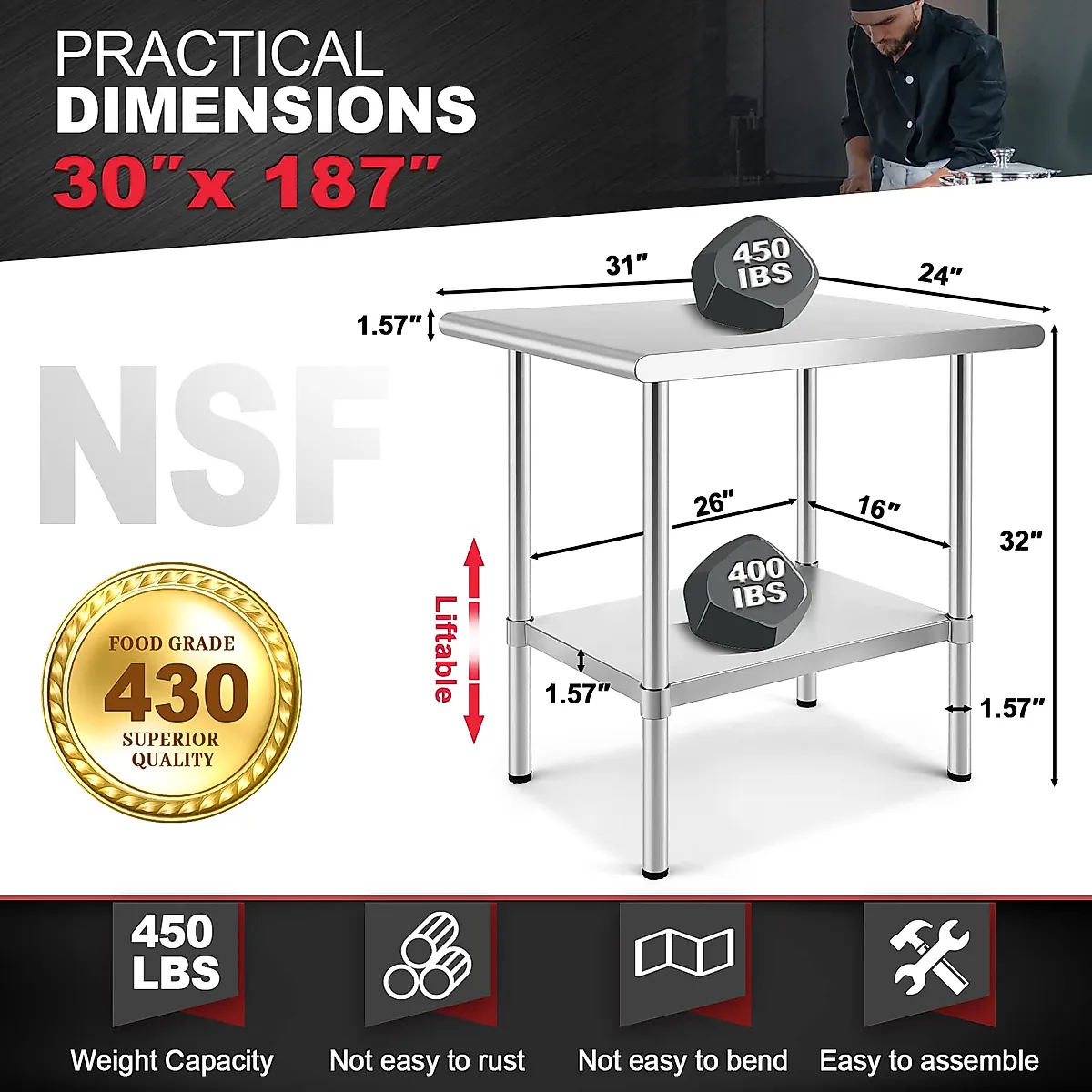 Land Guard Stainless Steel Prep Table - Commercial Work Table with Adjustable Undershelf, Scratch Resistent and Easy to Install Metal Table for Restaurant, Hotel, Home, Garage…