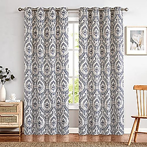 jinchan Linen Textured Curtains for Living Room Darkening 108 Inches Long, Medallion Drapes for Bedroom, Damask Pattern Window Treatments Vintage Curtain Panels, 2 Panels Blue on Griege