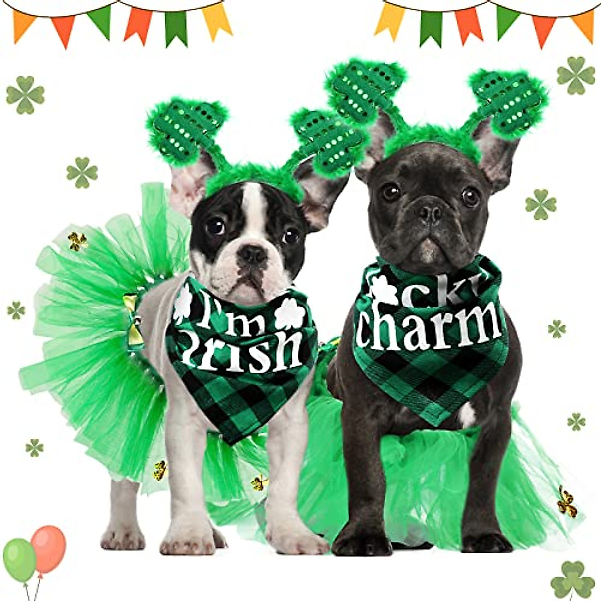 6 Pcs Dog St Patrick's Day Costume Pet Green Shamrock Headbands Dog Tutu Skirts and Buffalo Plaid Pet Bandanas Dog Dress Tutu Clover Headbands for St. Patrick's Day Pets Dogs Accessories Photo Props