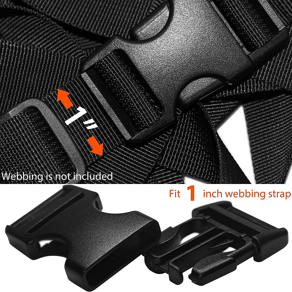 HISUNTEC Buckles for 1" Straps: 6 set Side Release Buckle and 12 pcs Tri-Glide Sliders Fit 1 inch (25 mm) Wide Nylon Webbing, Plastic Snap Clip Quick Fasteners Replacement Heavy Duty Dual Adjustable