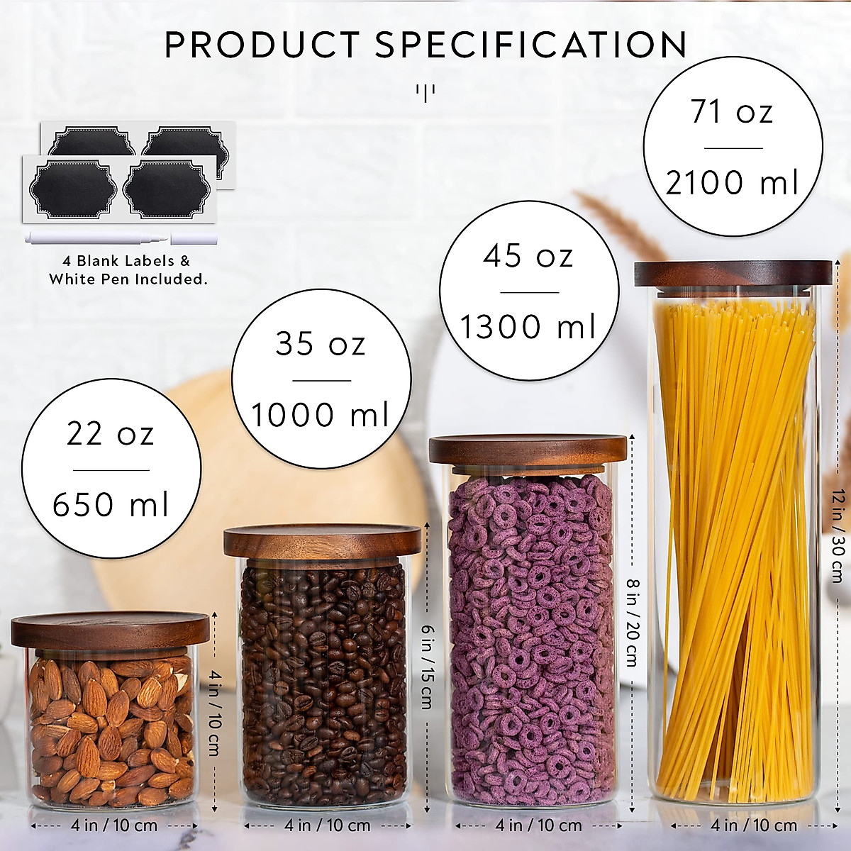 Laramaid 35oz 4Pack Glass Jars Set, Round Pantry Jars with Brown Acacia Lids, Black Labels and White Pen, Minimalist Food Storage Containers for Home, Kitchen and Pantry