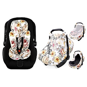 Floral Car Seat Insert,Cushion for Stroller, Swing, Bouncer, 2-in-1 Reversible, Floral Baby Car Seat Cover for Girl,Infant Carseat Canopy Sun Cover，Baby Carrier Cover with Zipped Peep Windows