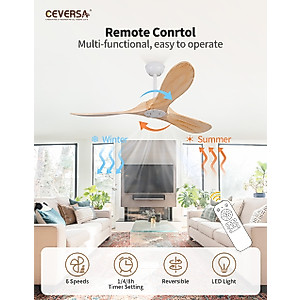 Ceversa 52 Inch Solid Wood Ceiling Fan No Light Remote Control,Outdoor Curved Real Wood Ceiling Fan Without Light 3 Blades Natural Wood Craftmade Quiet for Patio Farmhouse Living Room Bedroom Office