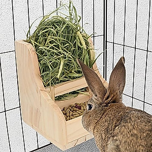 Rabbit Hay Feeder 2 in 1 Wooden Food Manger for Bunny Guinea Pig Chinchilla Small Animals