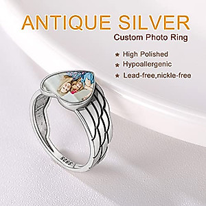 SILVERCUTE Angel Wings Ring with Picture Sterling Silver Feather Heart Engagement Ring Custom Photo Keepsake Jewelry for Women, Size 5 to 11
