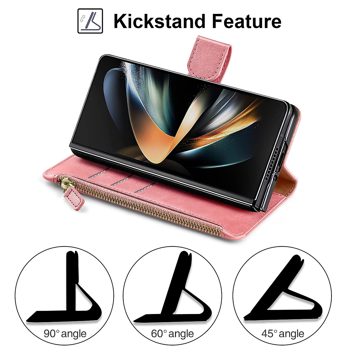 Antsturdy for Samsung Galaxy Z Fold 4 Wallet Case [RFID Blocking] [Zipper Poket] PU Leather Flip Folio Protective Cover with Slots Magnetic Credit Card Holder Kickstand Men Women,Rose Gold