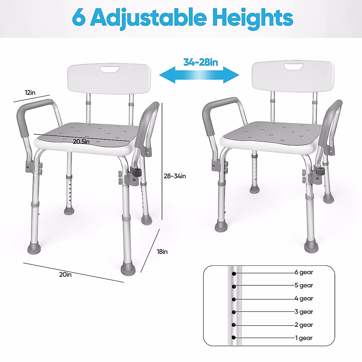 2024 New Shower Chair with Arms and Back,6 Levels Height Adjustable Shower Chair for Elderly and Disabled,Tool-Free Shower Seat for Bathtub,Shower Bath Chair for Elderly/Disabled