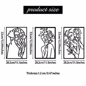 CHENGU 3 Pieces Metal Minimalist Abstract Woman Wall Art Drawing Single Line Female Home Hanging Wall Art Decor for Kitchen Bathroom Living Room (Black, Floral Style)