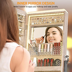 LVSOMT LED Standing Jewelry Mirror Cabinet, Stand Up Full Length Mirror with Storage, Lockable Floor Jewelry Armoire Organizer with 2 Drawers, Bottom Shelf, Built-in Lighted Makeup Mirror (Brown)