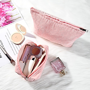 SOIDRAM 2 Pieces Makeup Bag Large Corduroy Cosmetic Bag Capacity Canvas Mix Travel Toiletry Bag Organizer Cute Makeup Brushes Aesthetic Accessories Storage Bag for Women, Corduroy Mix Pink