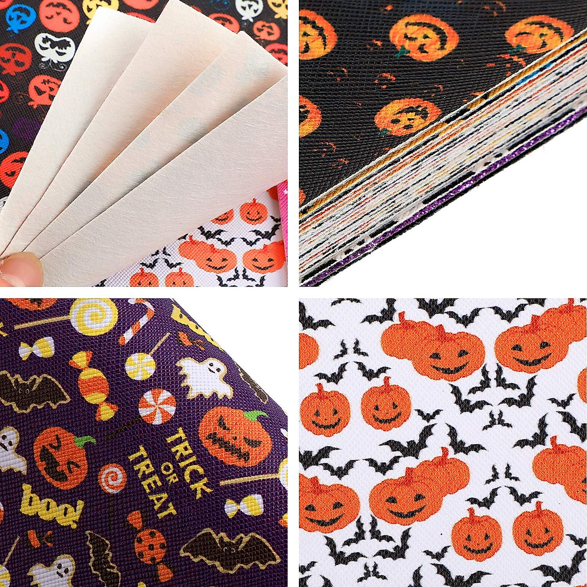 20 Pieces Halloween Faux Leather Sheets Halloween Pattern Fabric Sheets Ghost Pumpkin Spider Printed Faux Leather Fabric Glitter Light Fabric Sheets for DIY Halloween Craft Making, 8.3 x 6.3 Inch