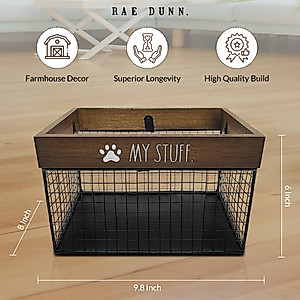 Small Pet Toy Basket - Metal and Wood Dog Toy Storage Basket - Small Cat and Dog Toy Bin Storage Organizer for Puppy Leash, Blanket, Food, Accessories - Container Baskets for Dog, 9.75" x 8" x 6"