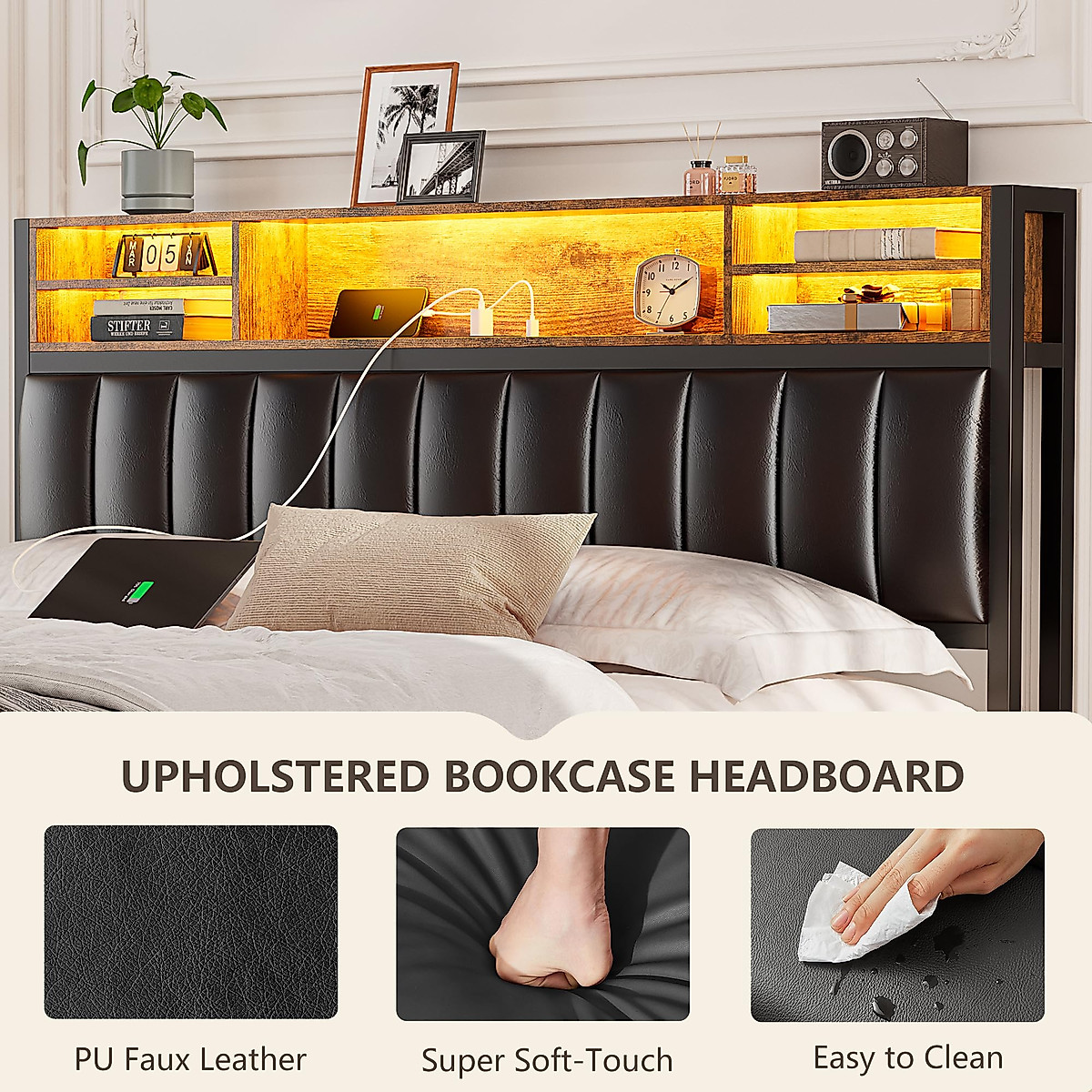 Alohappy Queen Bed Frame with Bookcase Headboard and LED Light,Upholstered Platform LED Bed Frame with Charging Station,Type-C & USB Ports,No Box Spring Needed,Easy Assembly and Noise Free