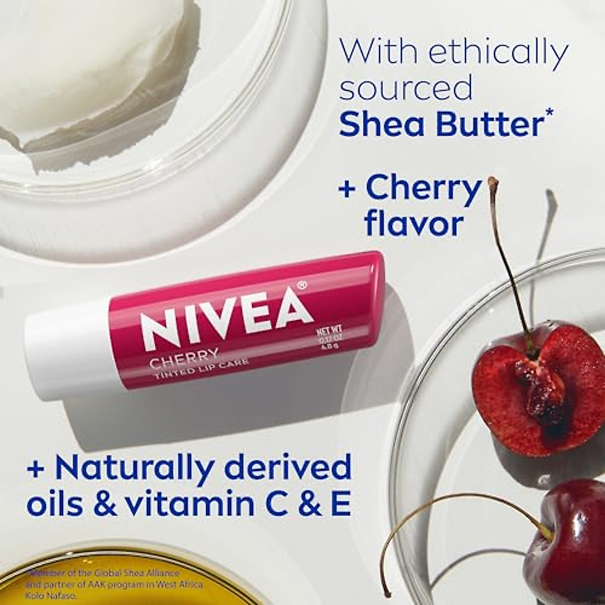 NIVEA Cherry Lip Care, Tinted Lip Balm Pack with Shea Butter, Nourishing Oils and Vitamin C & E, 3-in-1 Moisture, Repair and Color, 0.17 Oz Stick, Pack of 4