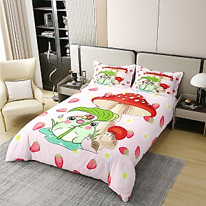 Castle Fairy Kawaii Frog 100% Nature Cotton Duvet Cover Twin Size Pink Strawberry Comforter Cover Twin Size with 1 Pillowcase Mushroom Snails and Ladybugs Aesthetic Luxury Bedding Set