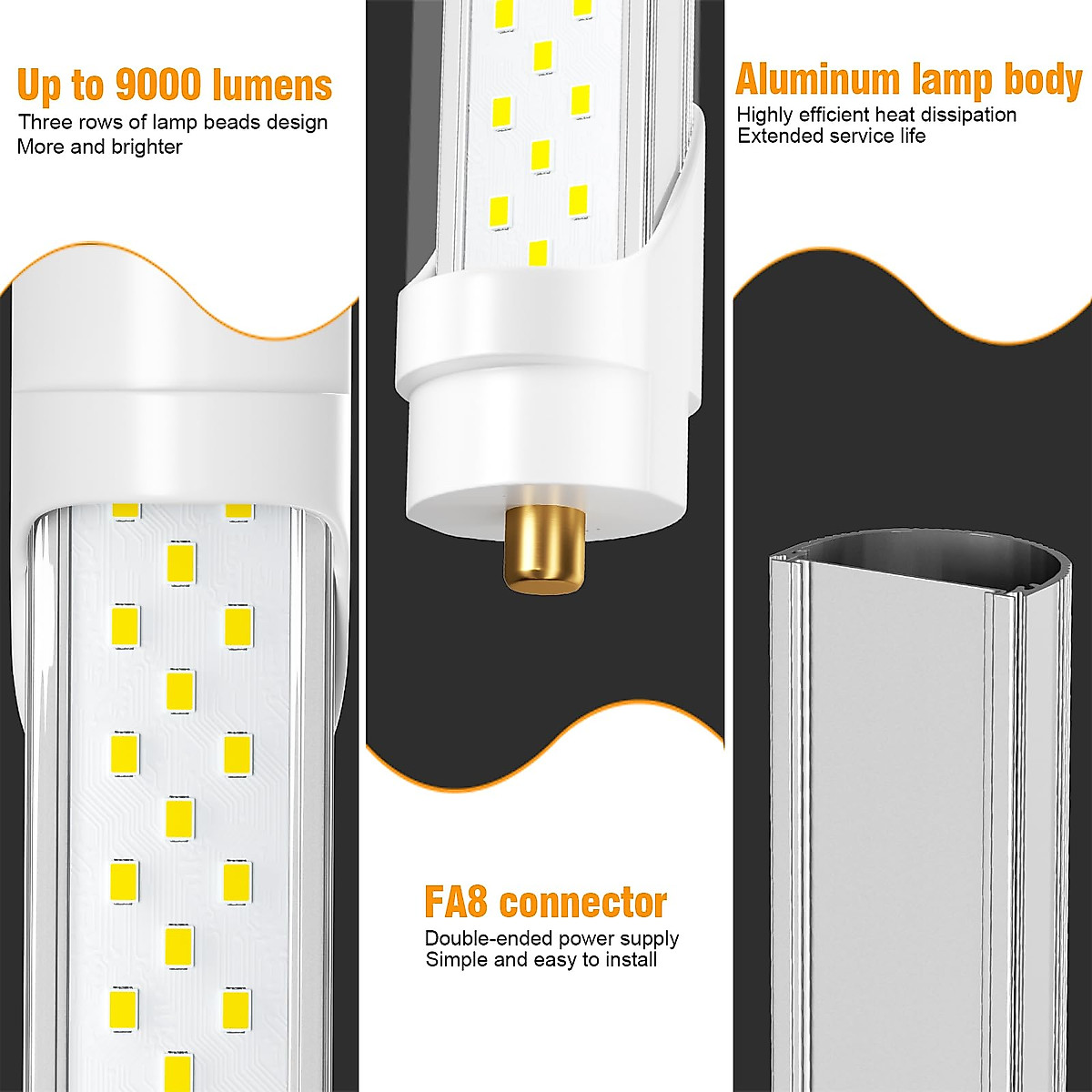 ONLYLUX 8ft Led Bulbs, T8 8 Foot Led Bulb for T12 Fluorescent Replacement, 72W 9000lm 8' Led Tubes 96" FA8 Single Pin, Three Rows of lamp Beads, 5000K led Tube Light (10Pack)