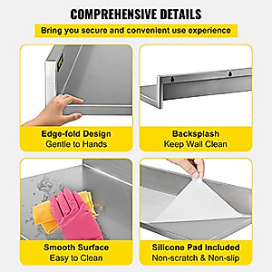 VEVOR Stainless Steel Wall Shelf, 8.6'' x 16'', 44 lbs Load Heavy Duty Commercial Wall Mount Shelving w/Backsplash for Restaurant, Home, Kitchen, Hotel, Laundry Room, Bar (2 Packs)