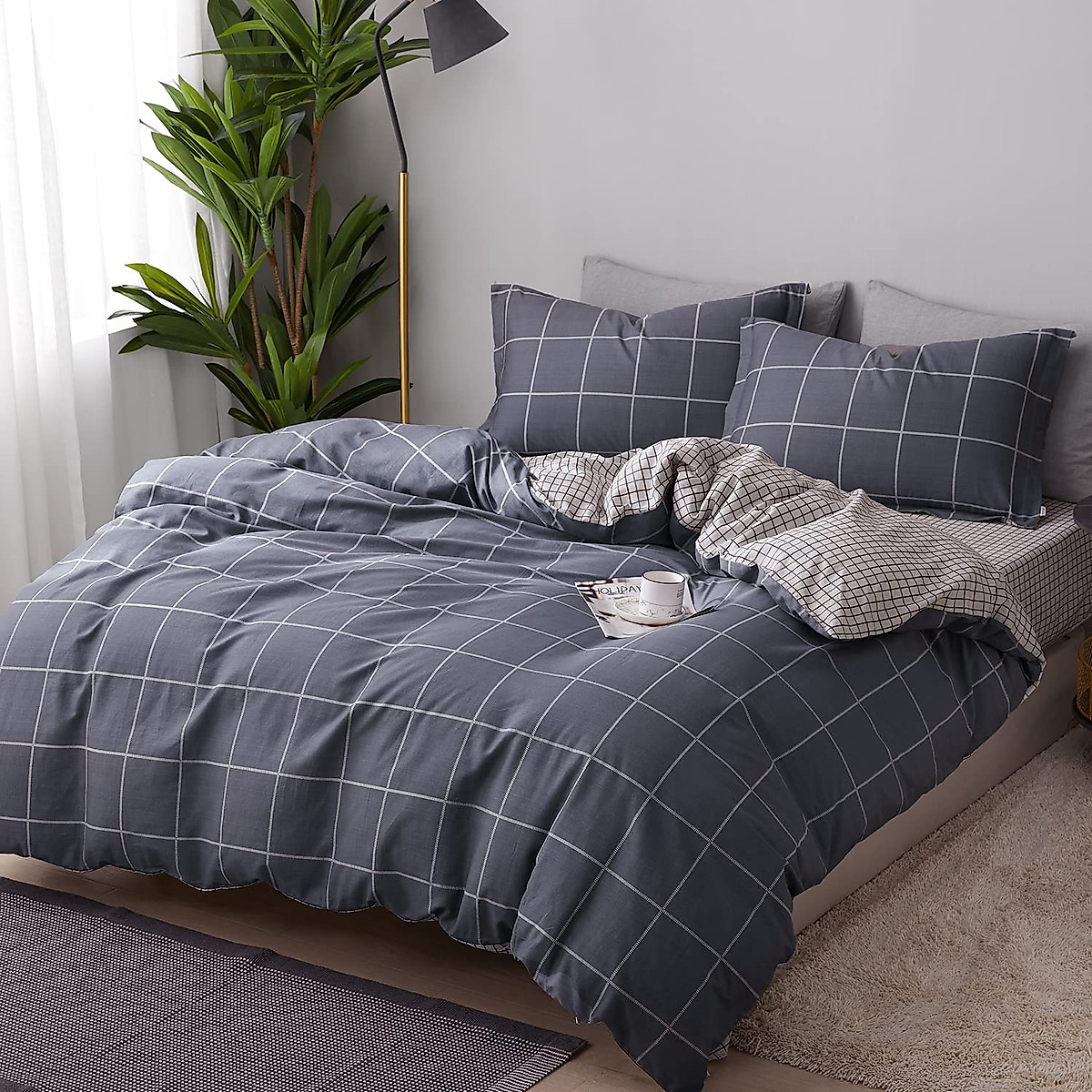 SAPHREAS Gray Plaid Duvet Cover Set Queen Size 3pcs Dark Grey Grey Geometric Grid Cotton Bedding Comforter Cover Set 1 Quilt Cover 2 Pillow Shams