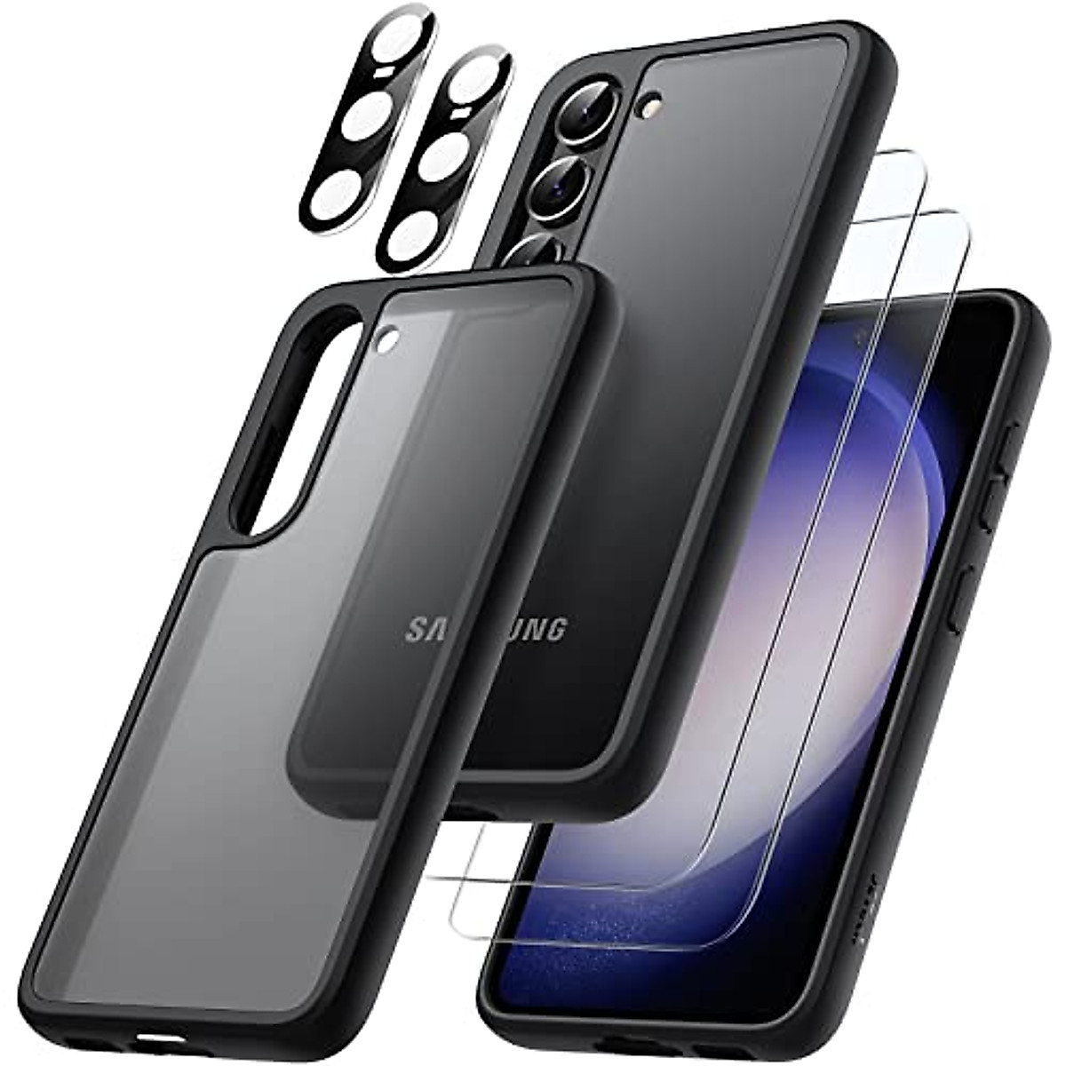 JETech 5 in 1 Matte Case for Samsung Galaxy S23+/ S23 Plus 6.6-Inch with 2 Screen Protector and 2 Camera Lens Protector, Translucent Back Protective Phone Cover, Tempered Glass Film (Black)