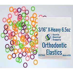3/16 Inch Orthodontic Elastic Rubber Bands - 100 Pack - Neon Color Latex, X-Heavy 6.5 Ounce Small Rubberbands, Braces, Dreadlocks Hair Braids, Tooth Gap, Packaging, Crafts - Sonic Dental - Made in USA