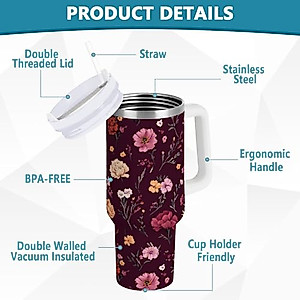 linqin Pink Flowers Peonies Burgundy Vacuum Tumbler Insulated Leak-proof Lid and Straw 40 oz Stainless Steel Water Bottle Reusable Office Mug for School, Daycare, Camp