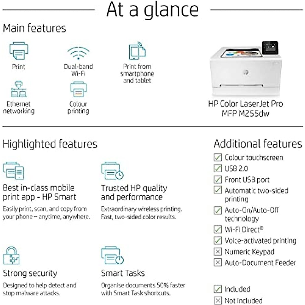HP Color Laserjet Pro M255dw Single-Function Wireless Laser Printer, White - Print only - 2.7" Color Touchscreen, 22 ppm, 600 x 600 dpi, 8.5 x 14, Auto Duplex Printing, Ethernet