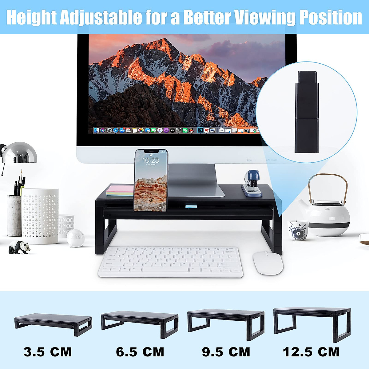 Monitor Stand Riser, Kavalan Lightweight 4 Level Height Adjustable Computer Monitor Stand & Desktop Printer Stand with Storage Drawer for Office Desk Accessories, Supports up to 5kg PC Monitor, Laptop