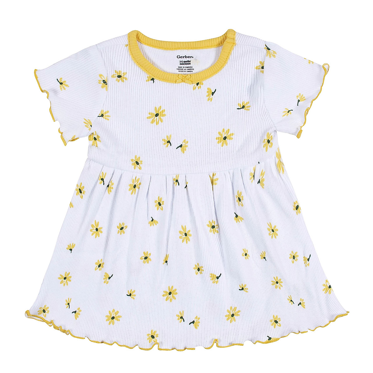 Gerber Baby Girls' 2-Pack Short Sleeve Cotton Dresses, Yellow Floral, 18 Months