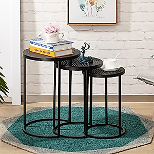 ALIMORDEN Set of 3 Round Metal Nesting Table, 3-Pack Indoor&Outdoor Coffee Snack Side Table, Accent Nightstand for Bedroom, Sofa Side Table for Living Room, Garden, Patio, (D) 14" x(H) 19.69", Black