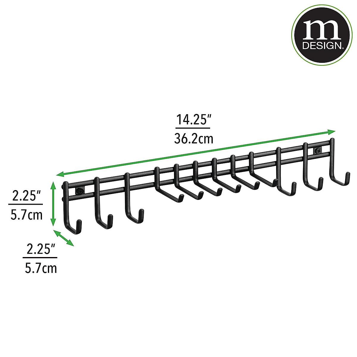 mDesign Closet Wall Mount Metal Accessory Organizer and Storage Center - Modern Slim Holder for Womens and Mens Ties, Belts, Scarves, Sunglasses, Watches - 12 Hooks, 2 Pack, Matte Black