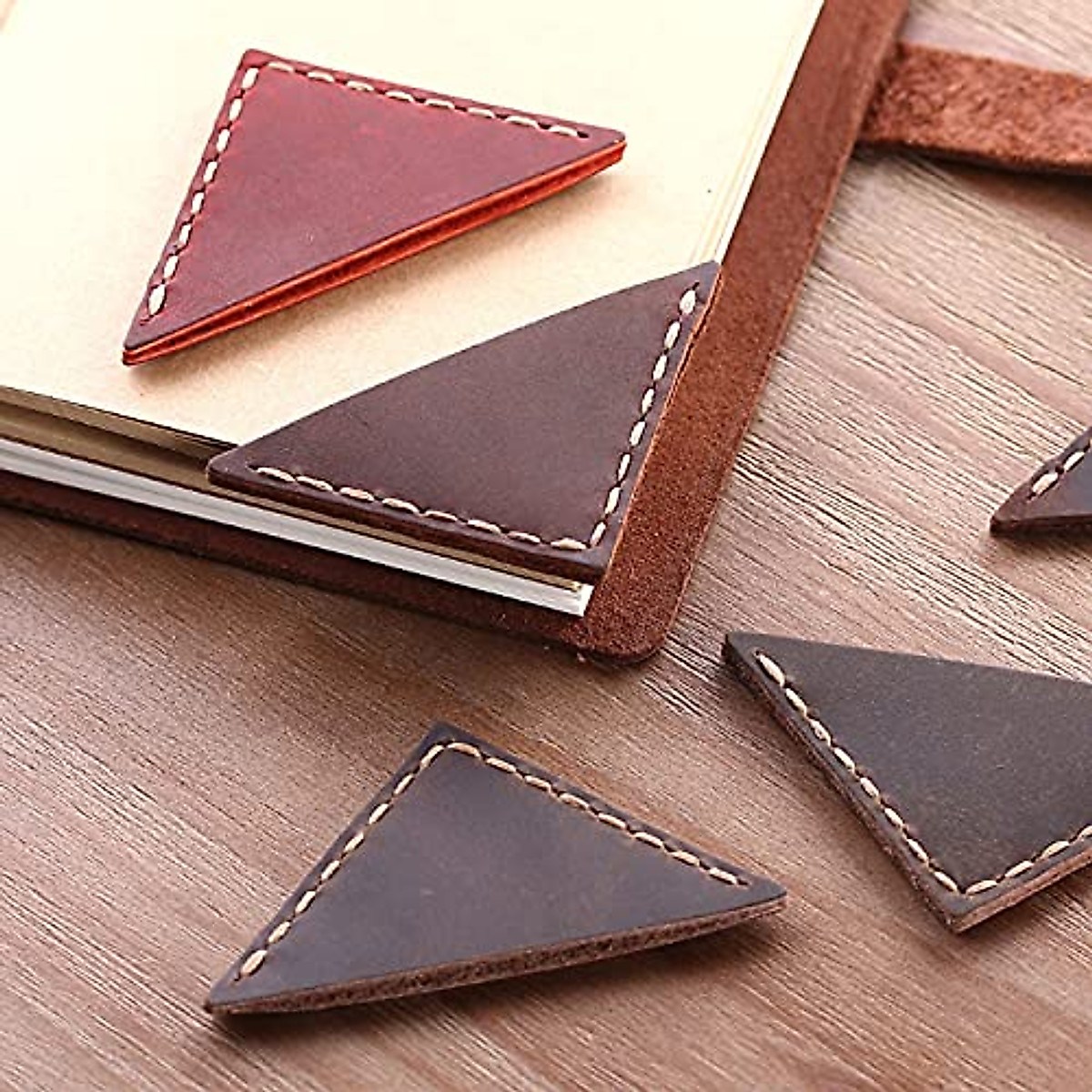 Quluxe 4 Pcs Leather Triangle Bookmark Page Corner Genuine Leather Bookmark Personalized Handmade Reading Book Marker for Bookworm Book Lover Gifts- Coffee, Brown, Red