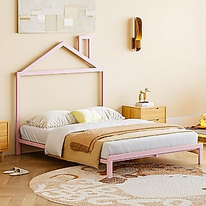 Bellemave Metal Full Bed for Kids, Girls Bed with House Shaped Headboard and Chiminey, Low Bed Frame with and Slats,Pink Bed Frame Full Size,No Box Spring Needed, Easy Assembly